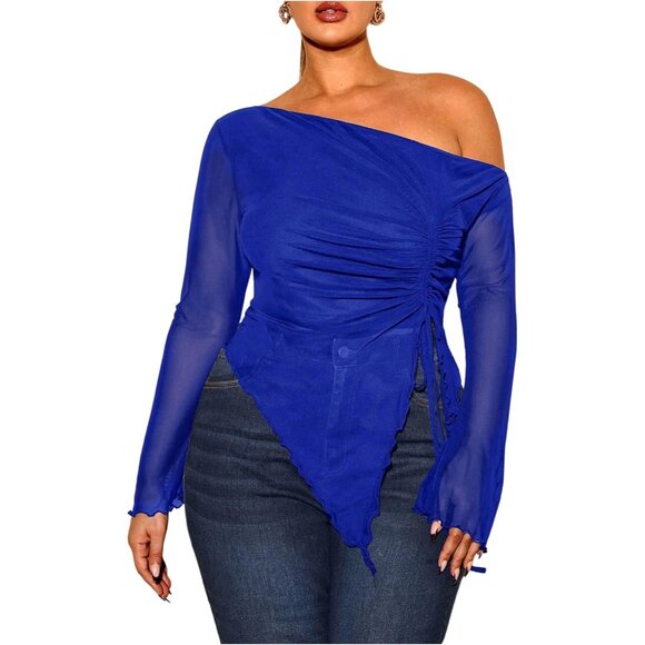 Tops | Plus Size Mesh T Shirt Off Shoulder Long Sleeve Sheer ...
